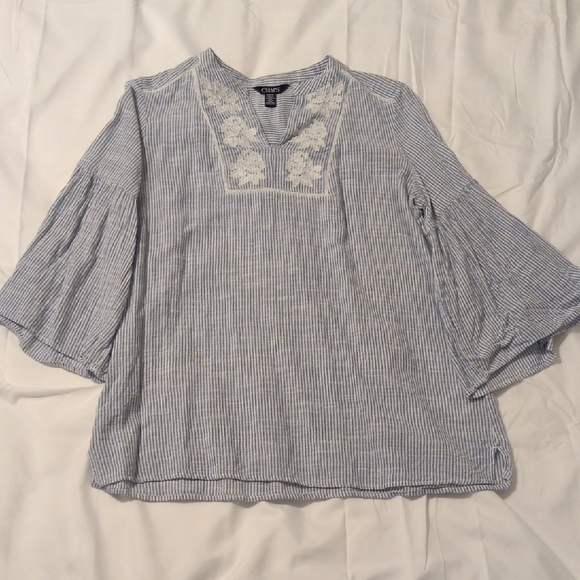 Chaps | Tops | Chaps Blue And White Striped Blouse With Floral Detail ...